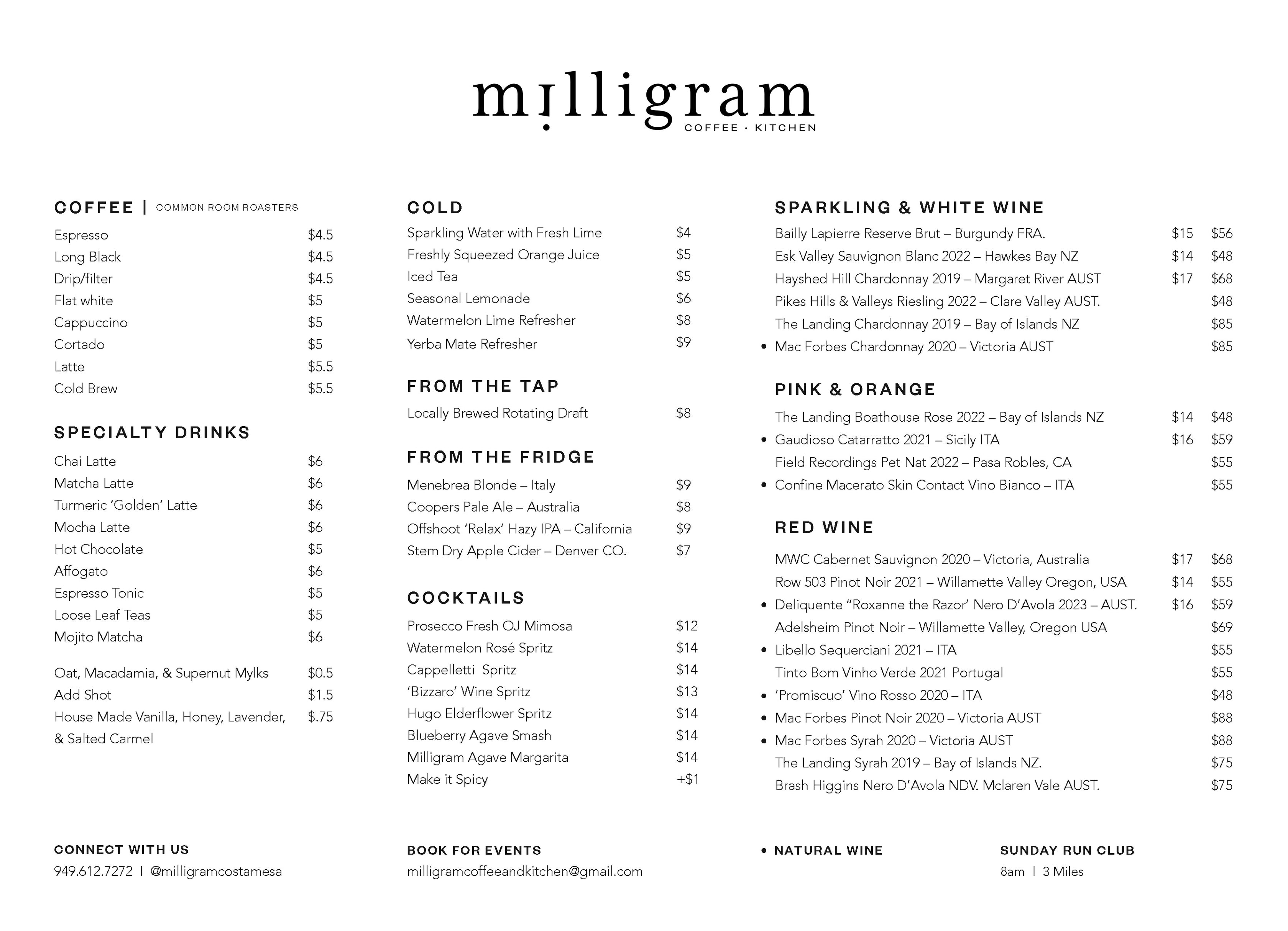 Menu – Milligram Coffee and Kitchen